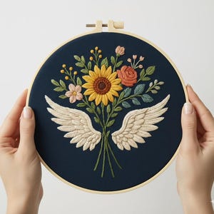 Sunflower & Angel Wings Embroidery Kit – DIY Floral Hoop Art | Handmade ...