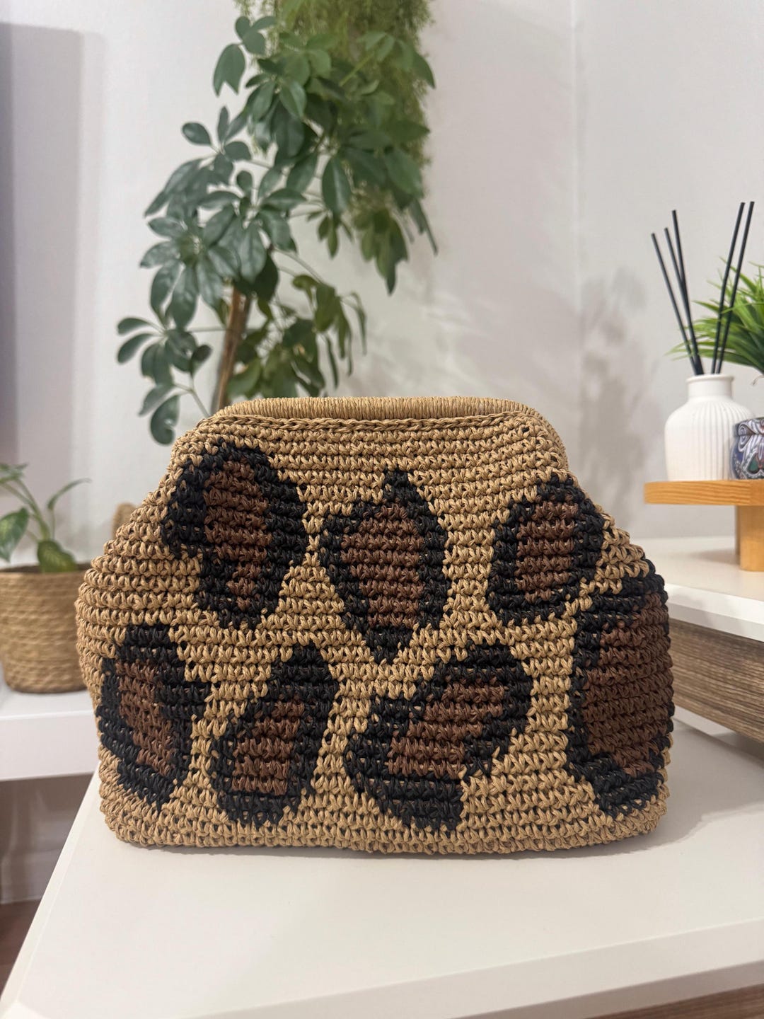 Handmade Leopard Crochet Tote Bag, Paper Yarn Bag, Natural Brown Summer ...