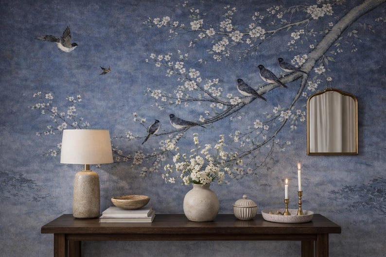Chinoiserie Wallpaper Navy Blue Peel and Stick Wallpaper Bird Wall ...