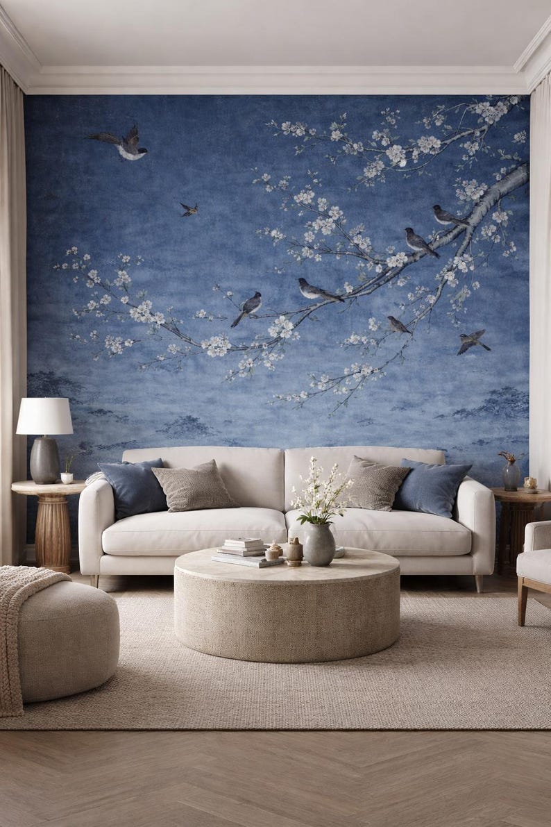 Chinoiserie Wallpaper Navy Blue Peel and Stick Wallpaper Bird Wall ...