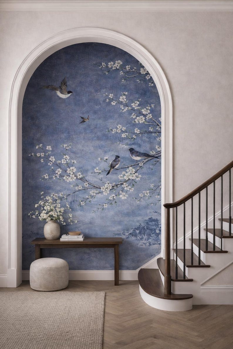 Chinoiserie Wallpaper Navy Blue Peel and Stick Wallpaper Bird Wall ...