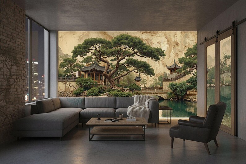 Japanese Garden Peel and Stick Wallpaper, Scenic Non Woven Mural, Asian ...