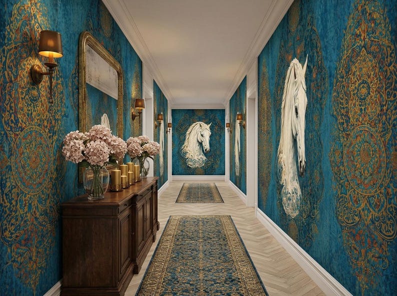 Peel and Stick Wallpaper White Horse Mural Gold Damask Teal Blue Non ...