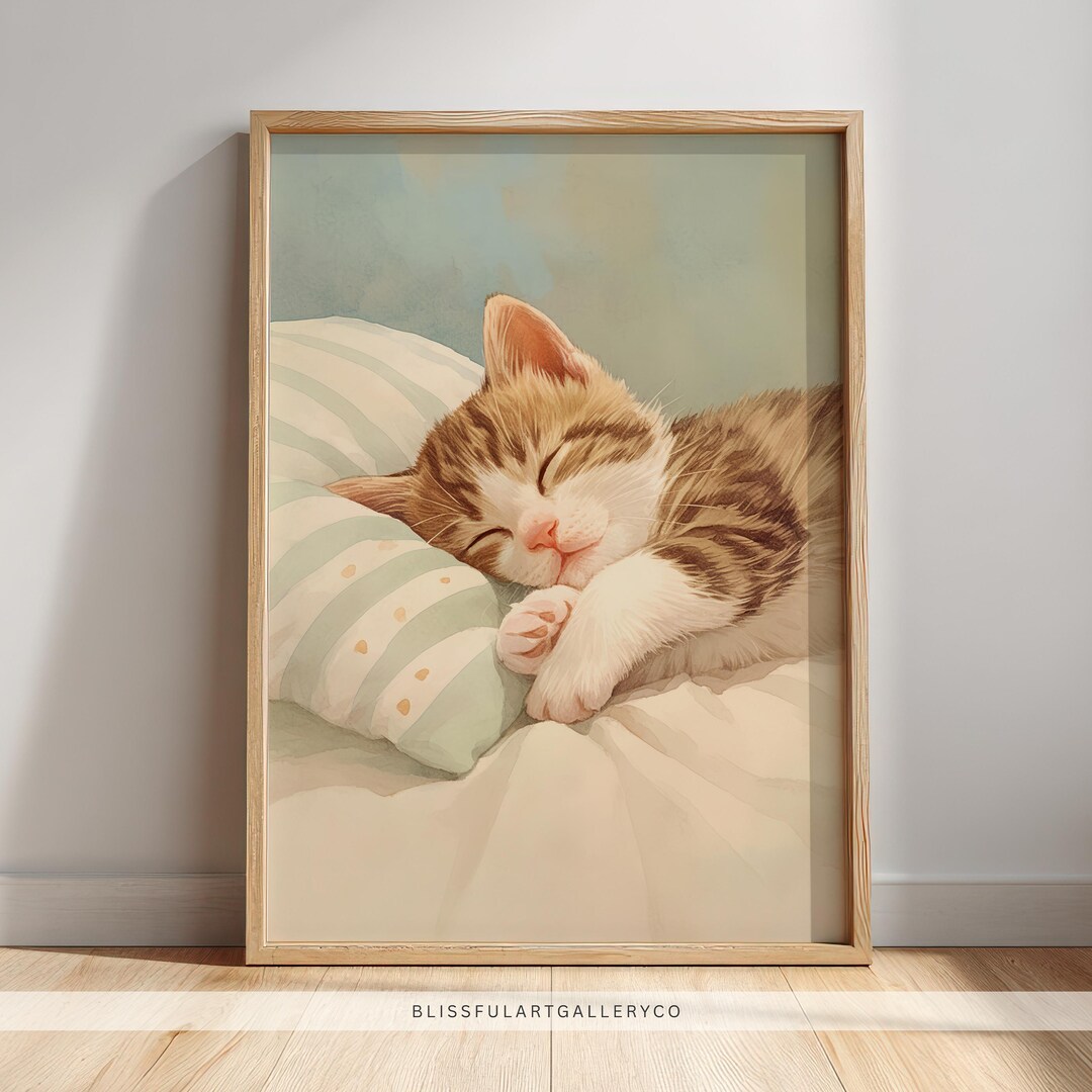Sleeping Kitten Watercolor Print | Cozy Tabby Cat Wall Art for Minimal ...