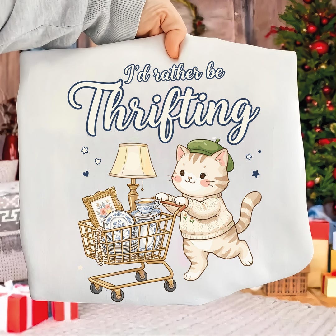 I'd Rather Be Thrifting PNG, Kawaii Cat Shopping Cart, Vintage Thrift ...