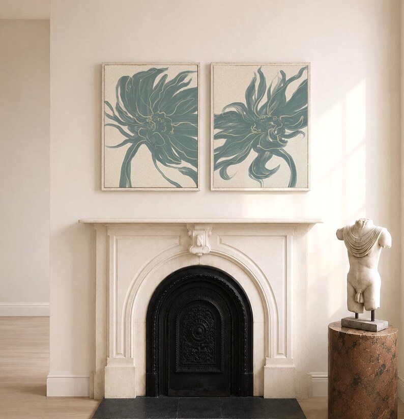 Dusty Blue Gerbera Print Set, Modern Botanical Wall Art (digital ...