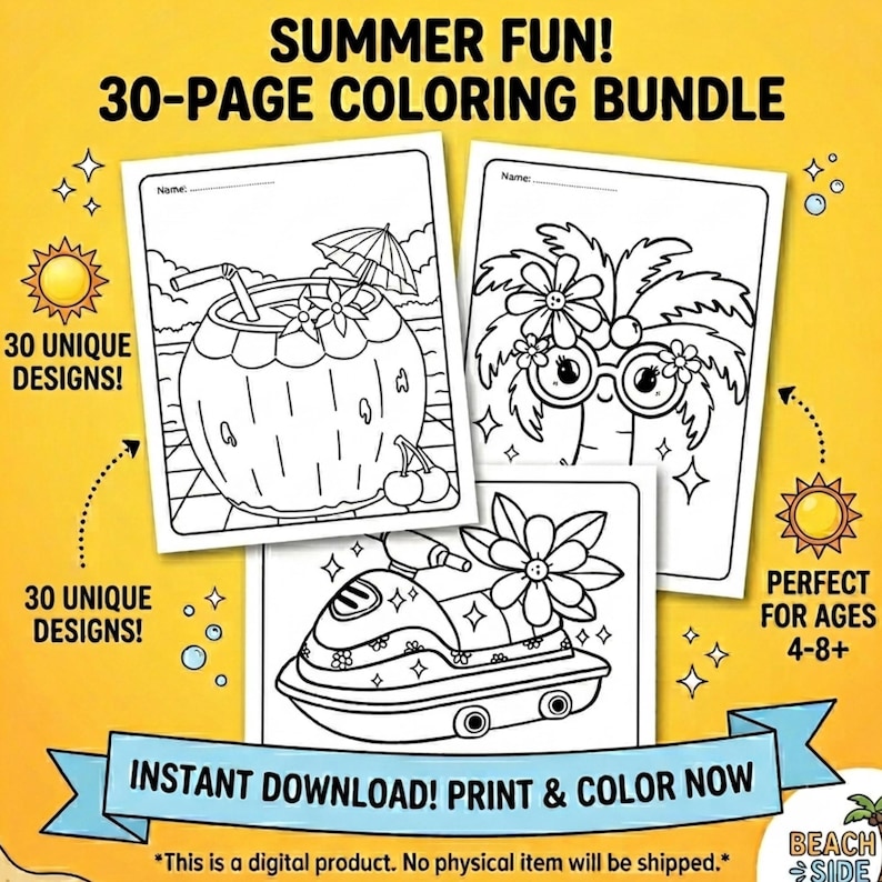 Summer Coloring Book for Kids, 30 Pages, Beach Activity (digital ...