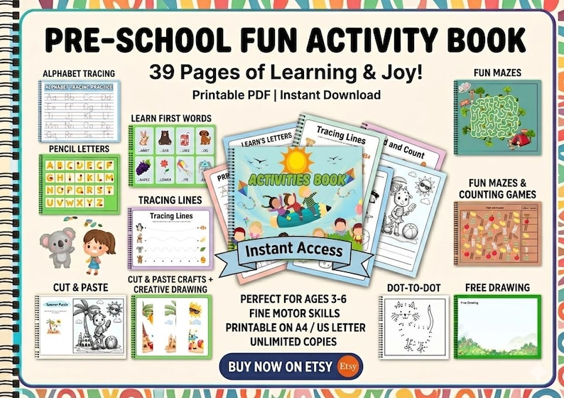 Preschool Activity Book | 39 Pages Learning Games, Tracing, Mazes ...
