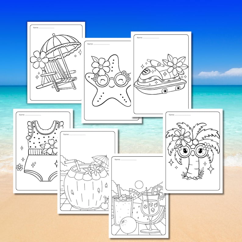 Summer Coloring Book for Kids, 30 Pages, Beach Activity (digital ...