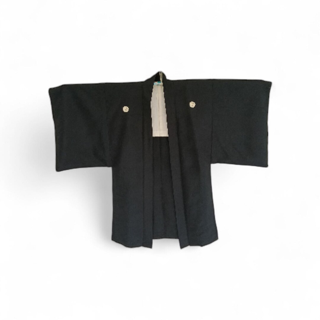 Vintage Japanese Black Crested Haori Kimono, Mon Emblems, Formal Silk ...