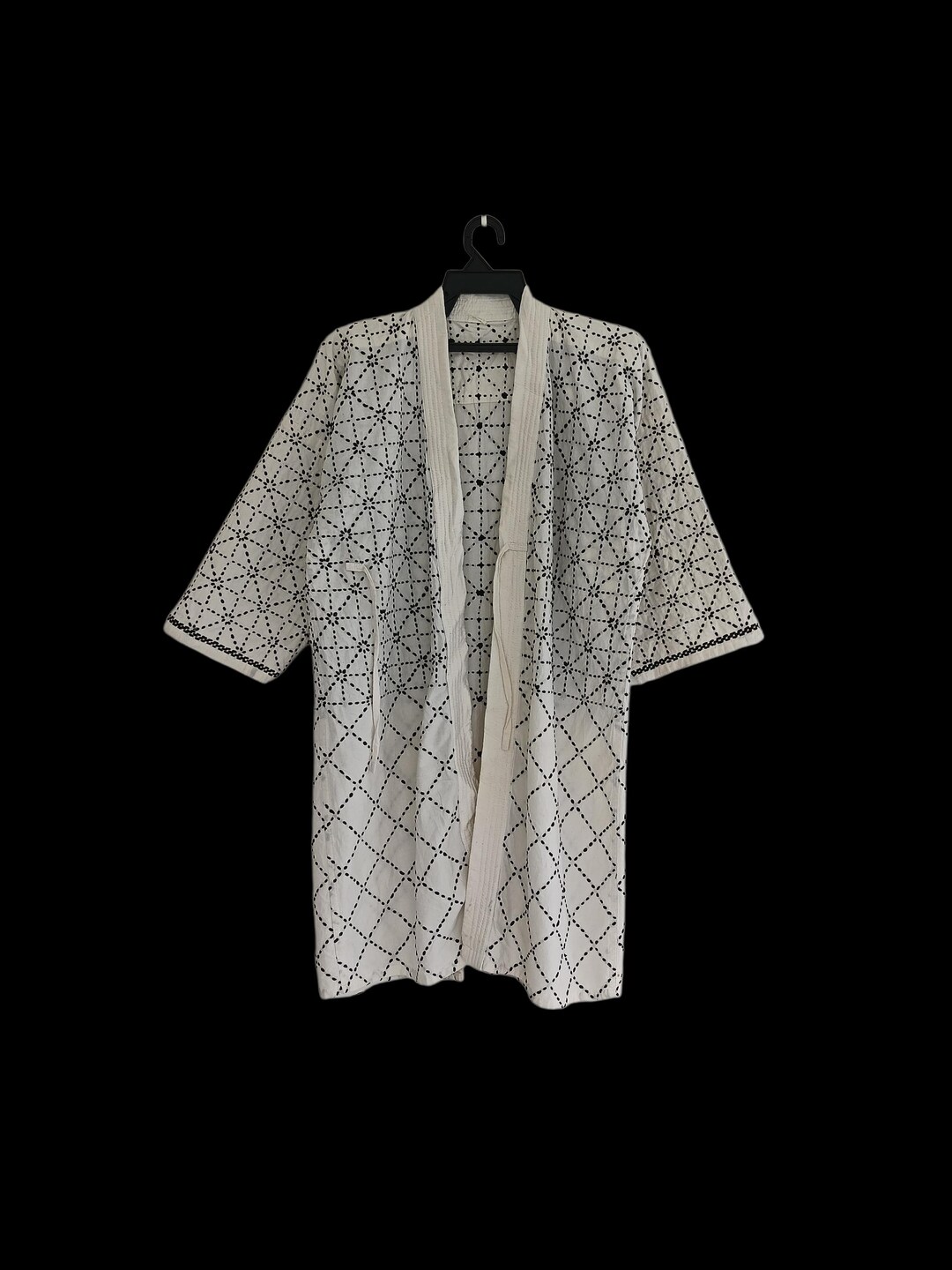 Vintage Japanese Noragi Jacket - White With Black Geometric Dot Pattern ...