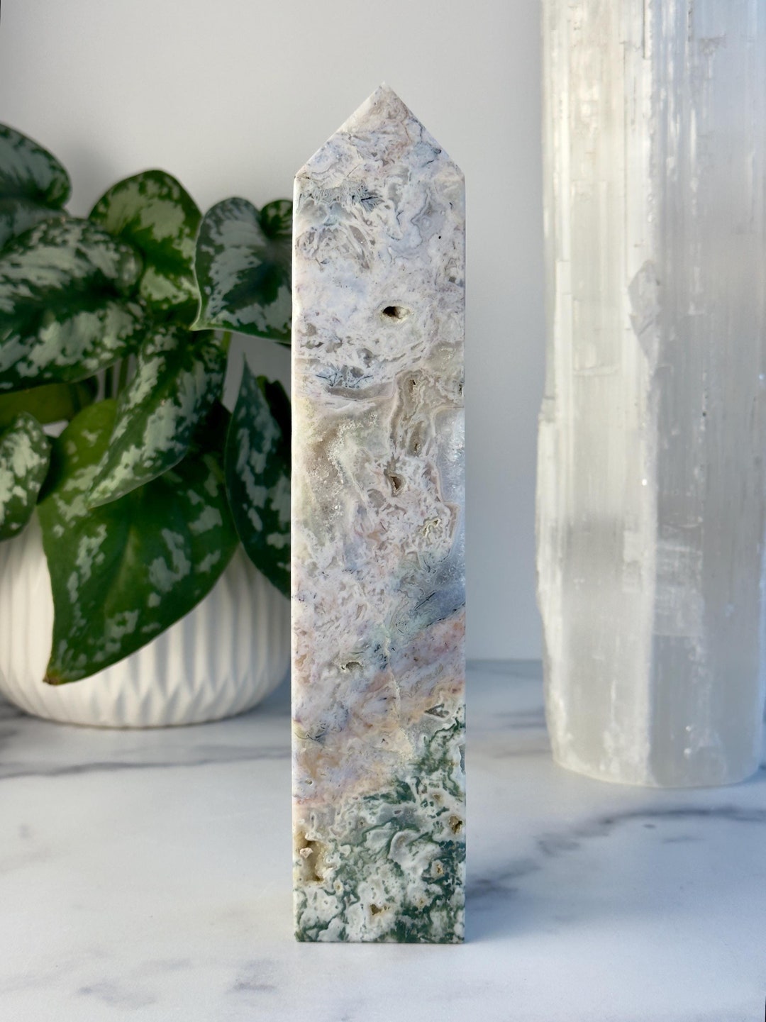 Pastel Moss Agate With Sea Jasper Tower // Polished Crystal Druzy ...