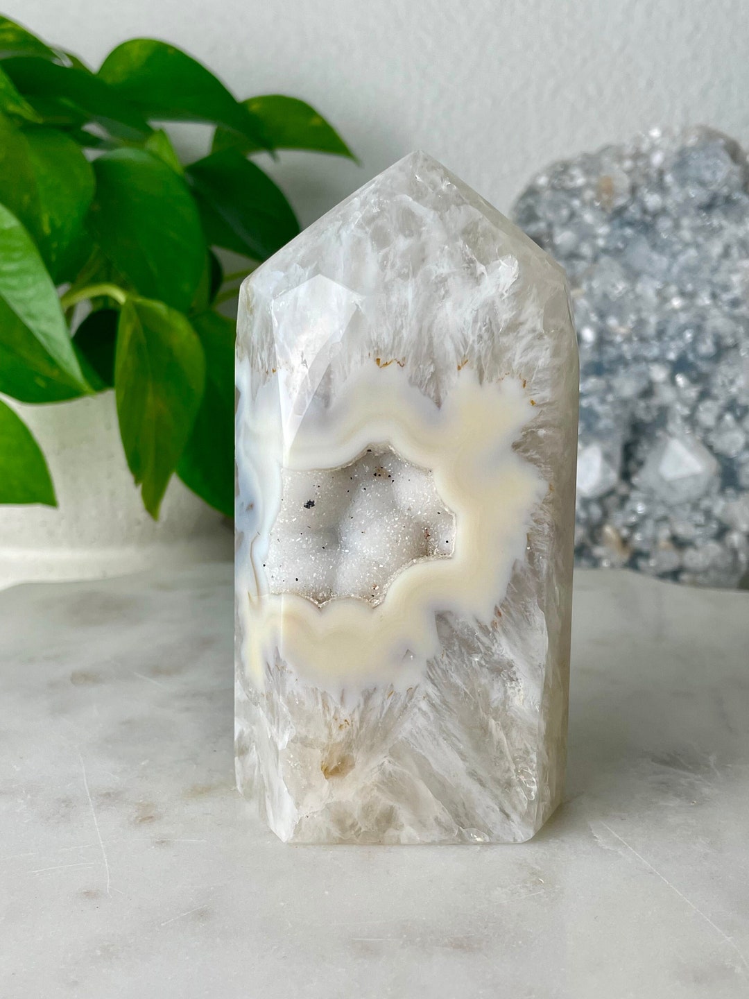 Druzy Agate Tower // Icy Quartz Polished Crystal Point White Blue ...