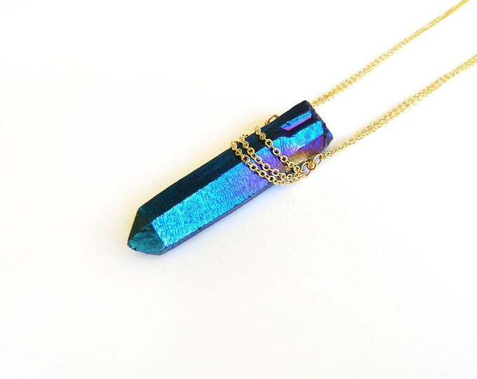 Rainbow Blue Titanium Quartz Point Necklace // Raw Aura Mystic Crystal ...