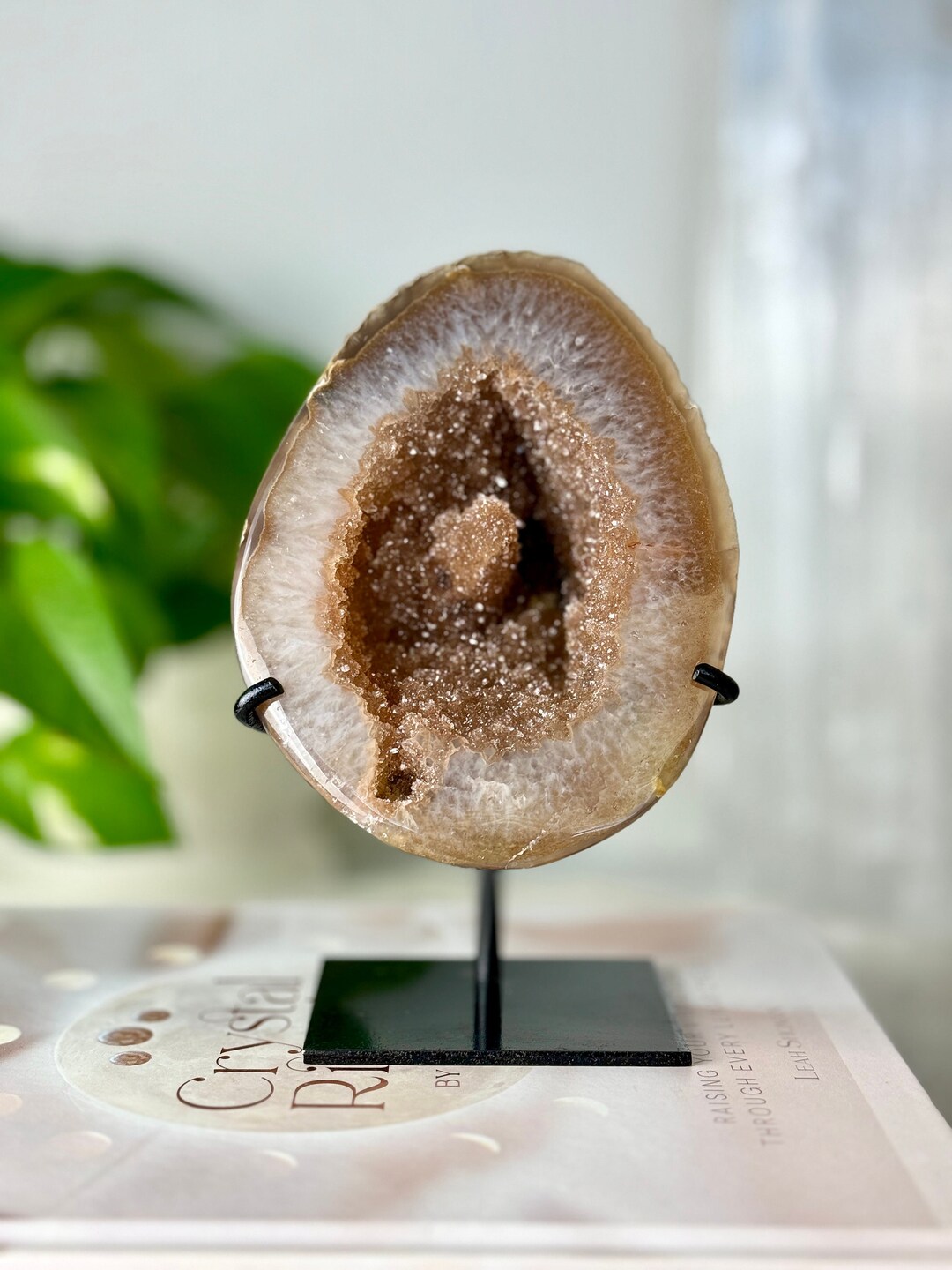 Orange Sugar Druzy Agate Geode // Golden Brown Stone Black Stand ...