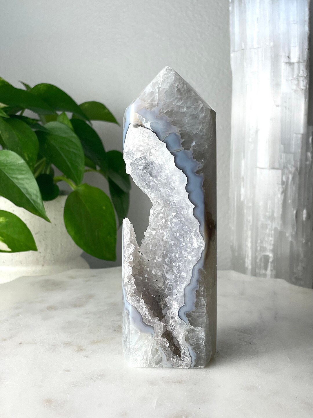 Druzy Agate Tower // Icy Quartz Large Tall Polished Crystal Point White ...