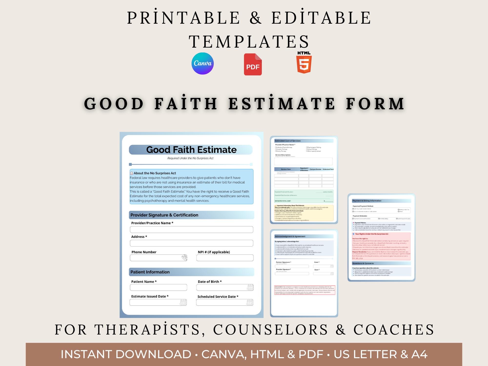 Good Faith Estimate Template, No Surprises Act, Mental Health (canva ...