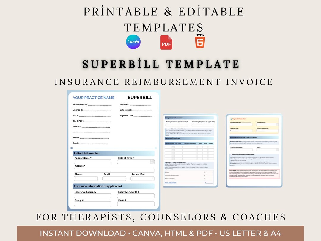 Superbill Template for Therapists, Psychotherapy Invoice & Insurance ...