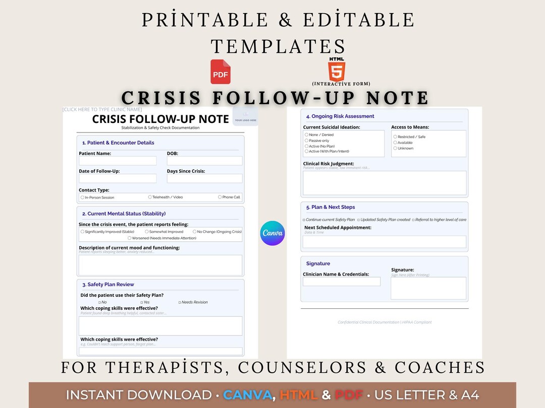 Crisis Follow up Note, Safety Plan Review Template, Mental Health ...