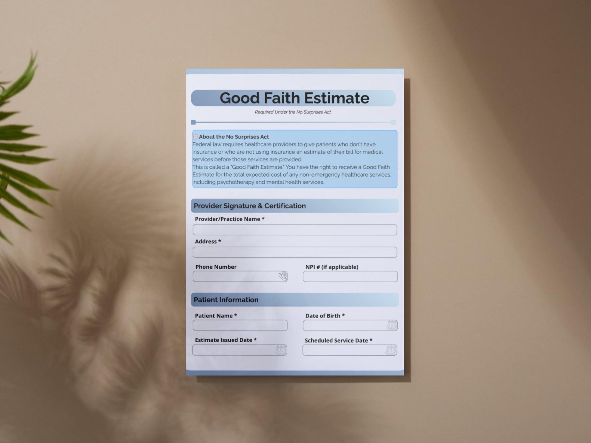 Good Faith Estimate Template, No Surprises Act, Mental Health (canva ...