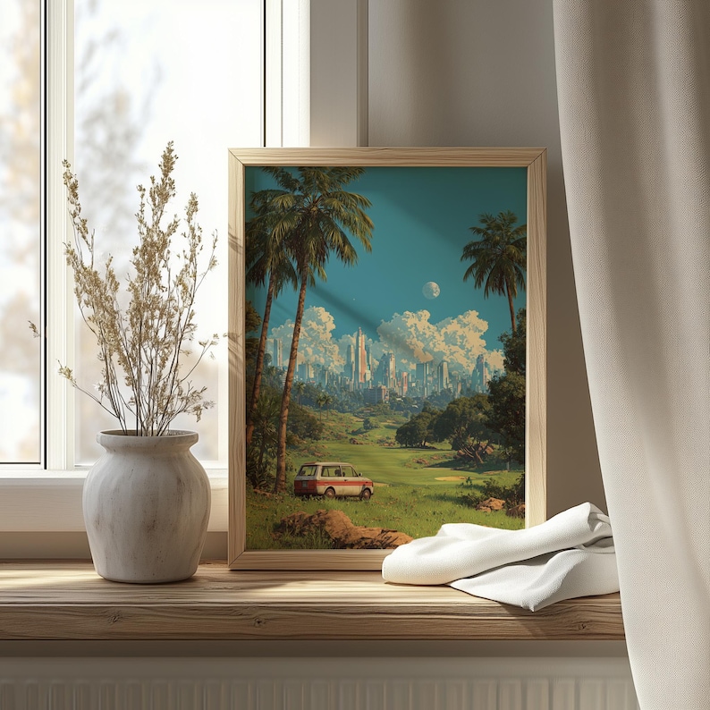Retro Futuristic Cityscape Print – Vintage Station Wagon, Tropical Mid ...