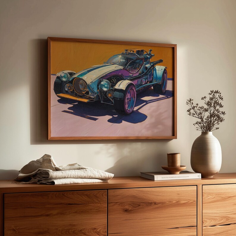 Retro-futuristic Drift Car Art Print – Teal Purple Sporty Roadster ...