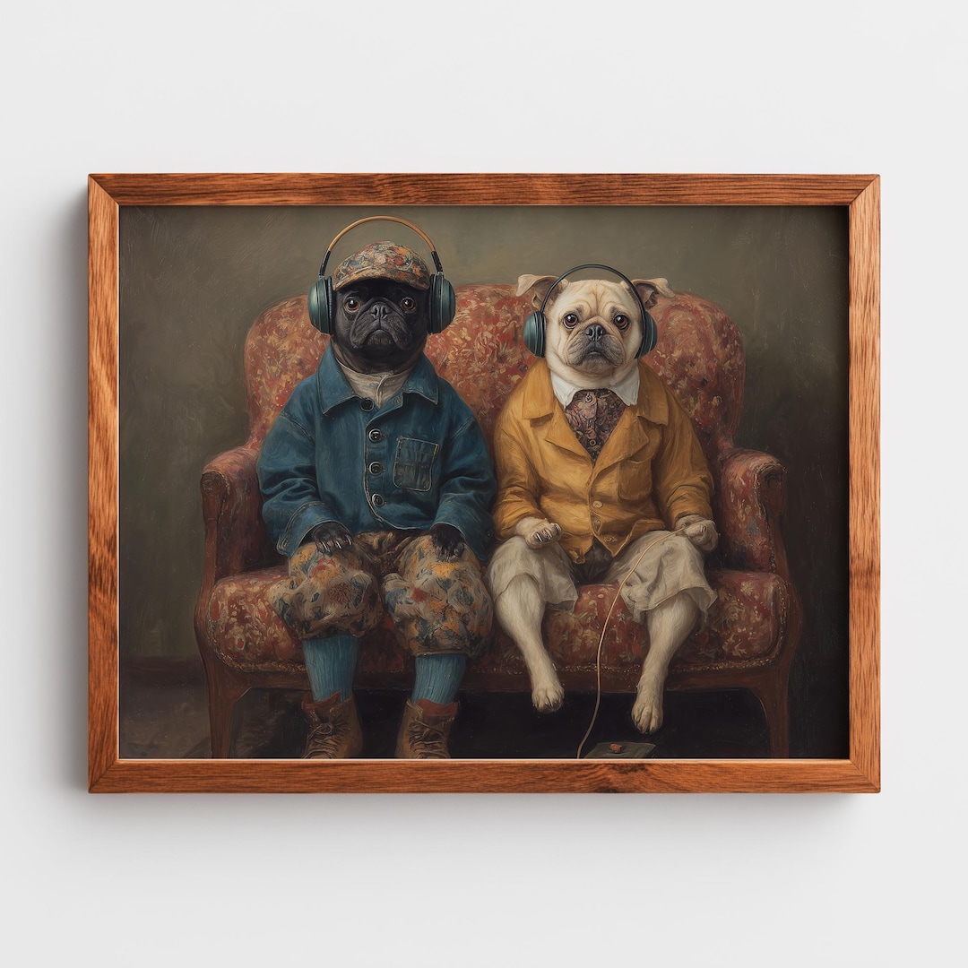 Anthropomorphic Pugs Portrait, Vintage Formal Dog Painting, Humorous ...