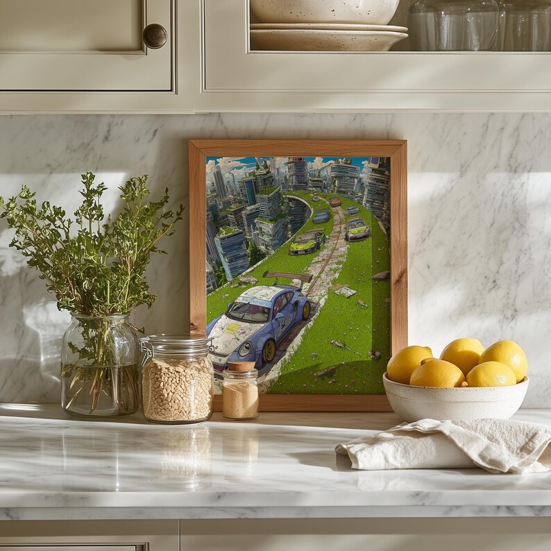 Futuristic Race Cars Print – Surreal AI Art, Bold Pop-art Cityscape ...