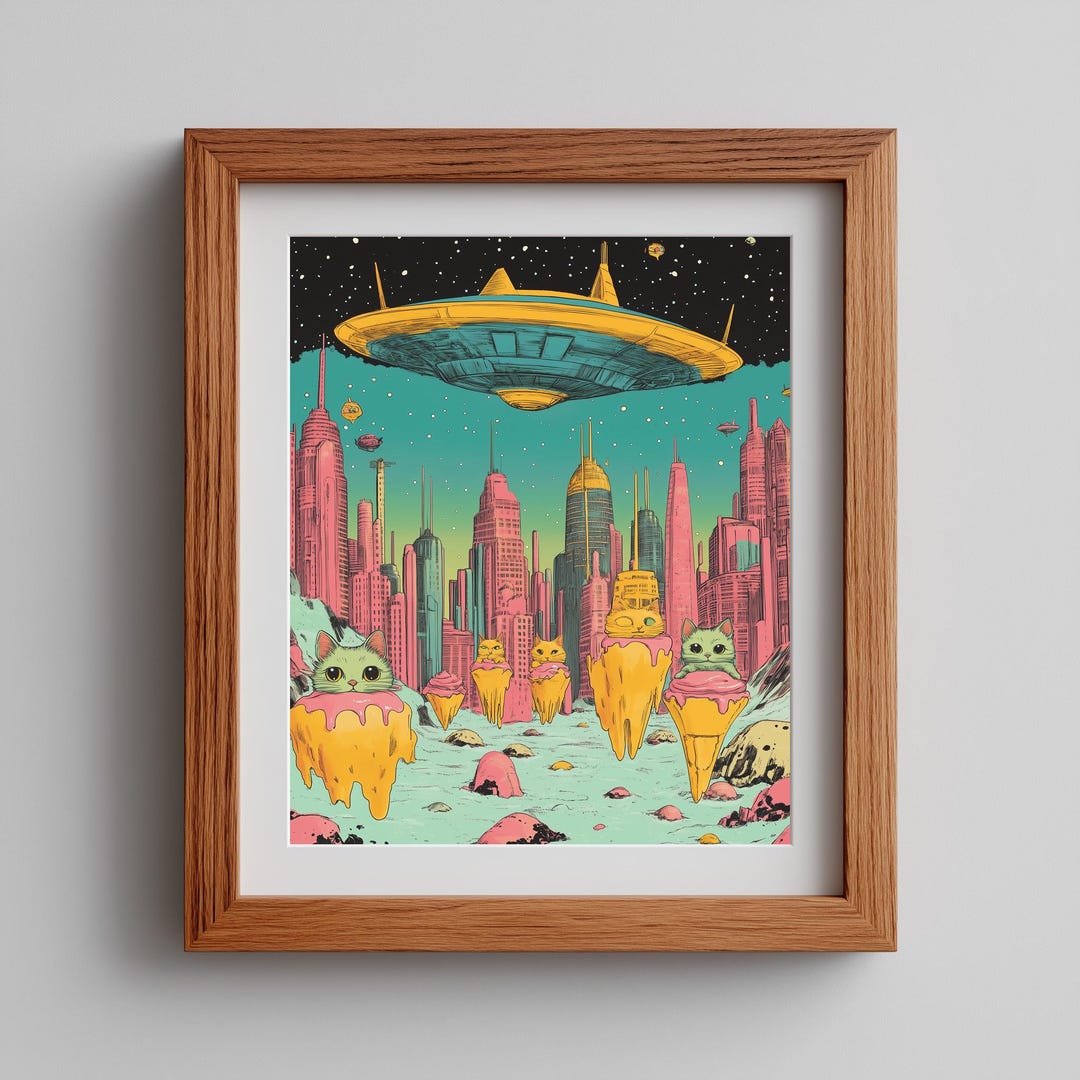 Retro Sci-fi Cats in UFO Print – Futuristic Cityscape (digital Download ...
