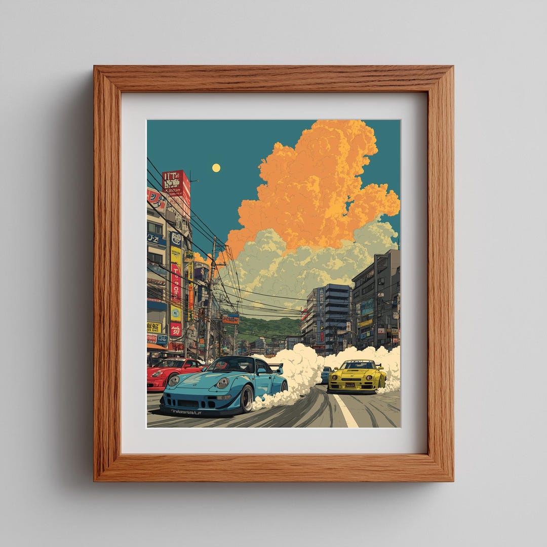 Vintage Racing Cars Drifting Print – Retro Pop Art Illustration ...