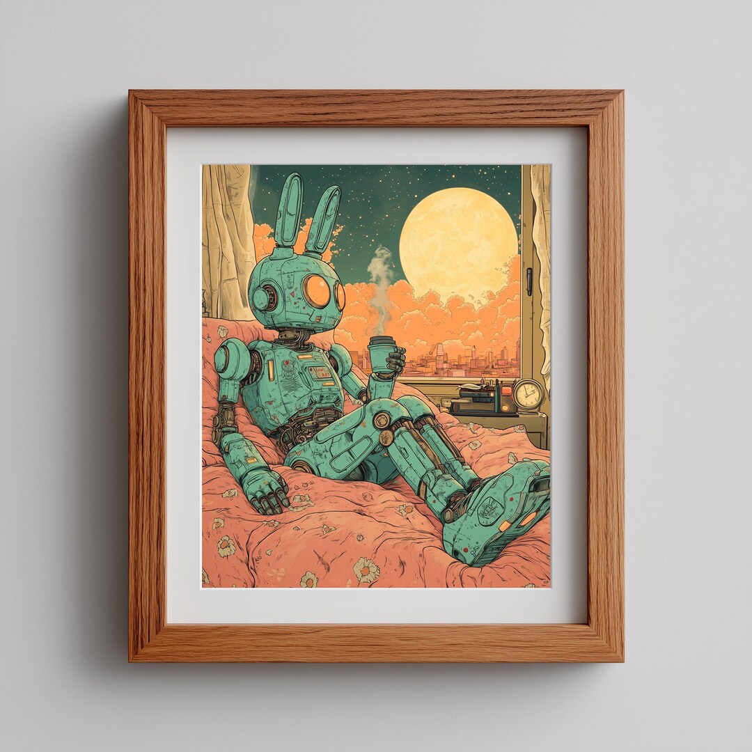 Retro Robot Bunny Slippers Print, Starry Sci-fi Art (digital Download ...