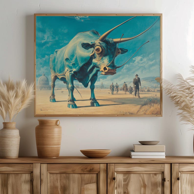 Retro Sci-fi Bull Print – Teal-blue Surreal Futuristic Wall Decor ...