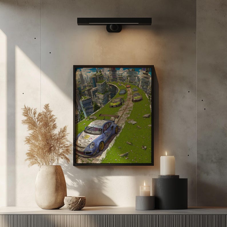 Futuristic Race Cars Print – Surreal AI Art, Bold Pop-art Cityscape ...