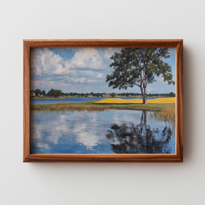 Serene Golf Course Landscape Print – Coastal Tree by Water, Realistic ...