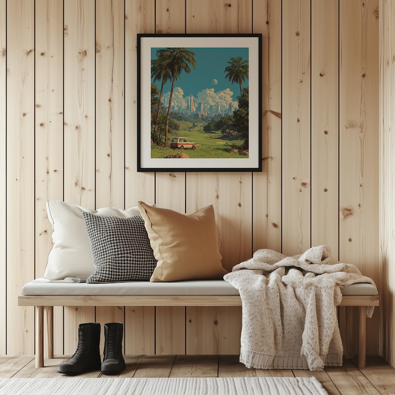 Retro Futuristic Cityscape Print – Vintage Station Wagon, Tropical Mid ...