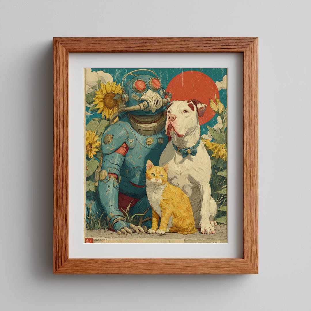 Retro-futuristic Robot With Bulldog & Tabby Cat - Illustrated AI Art ...