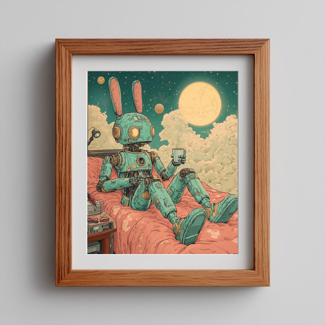 Retro Robot Bunny Slippers Art – Saturated Sci-fi Print (digital ...