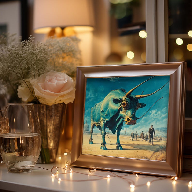 Retro Sci-fi Bull Print – Teal-blue Surreal Futuristic Wall Decor ...
