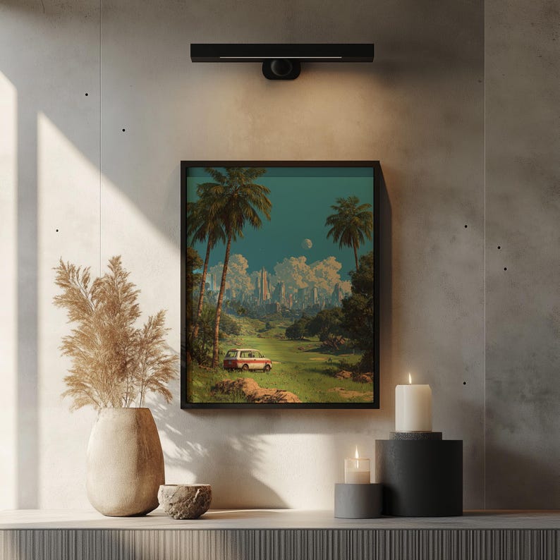 Retro Futuristic Cityscape Print – Vintage Station Wagon, Tropical Mid ...