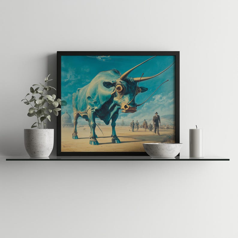Retro Sci-fi Bull Print – Teal-blue Surreal Futuristic Wall Decor ...