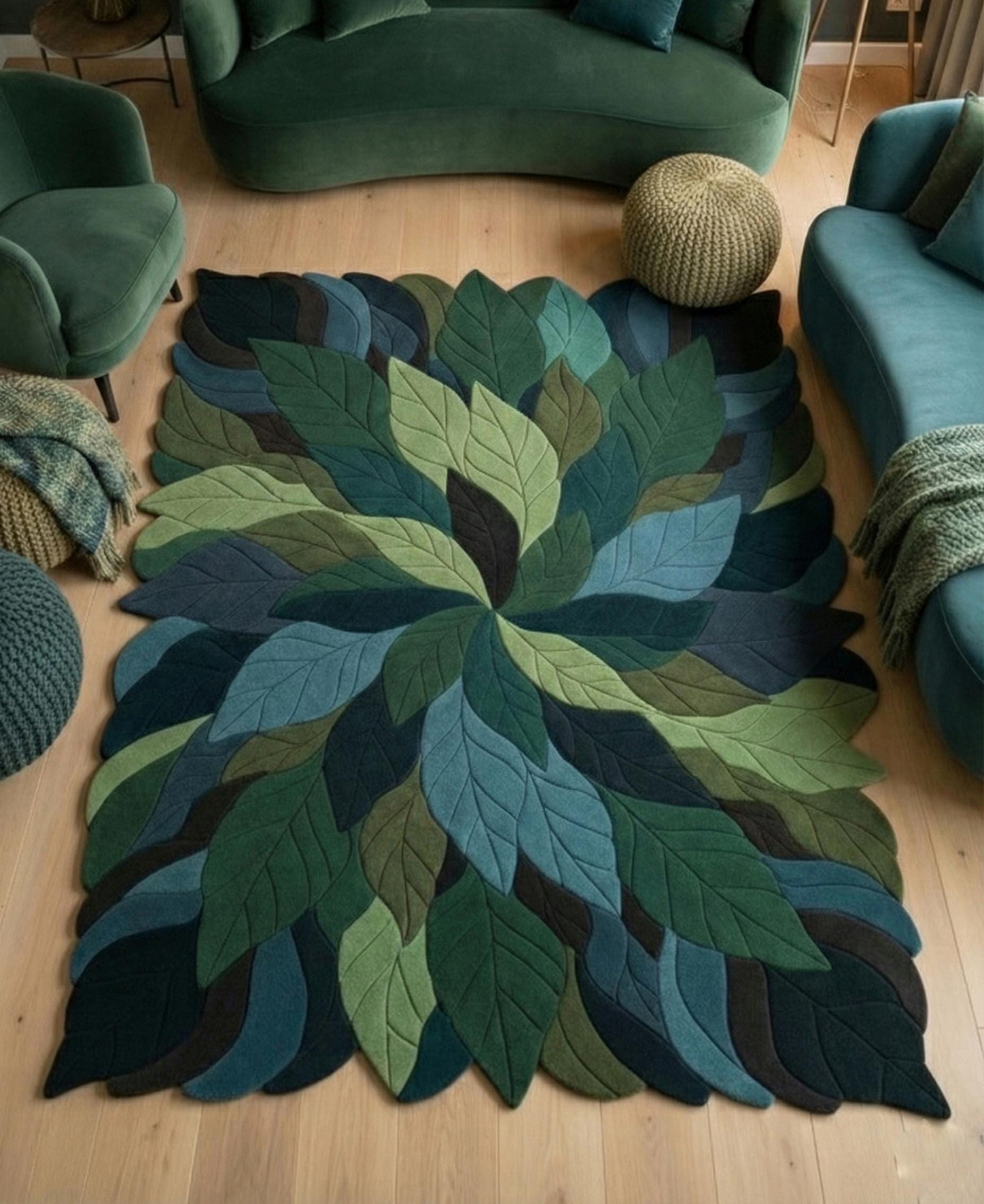 Green Leaf Shaped Rug, Botanical Area Rug, Modern Nature Inspired ...