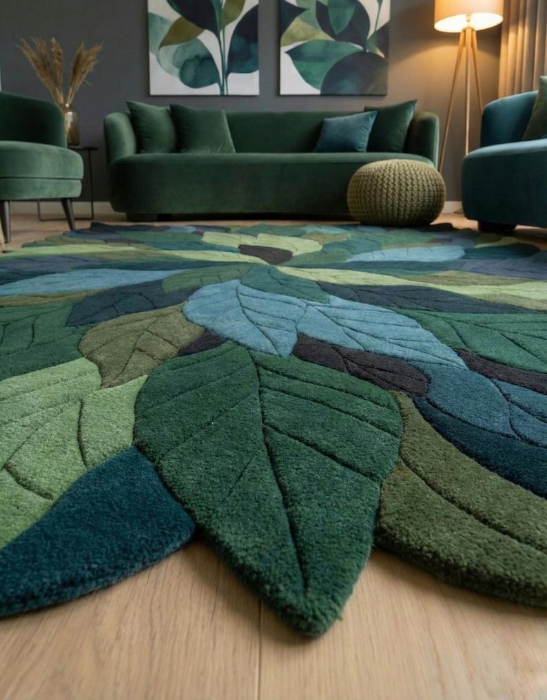 Green Leaf Shaped Rug, Botanical Area Rug, Modern Nature Inspired ...