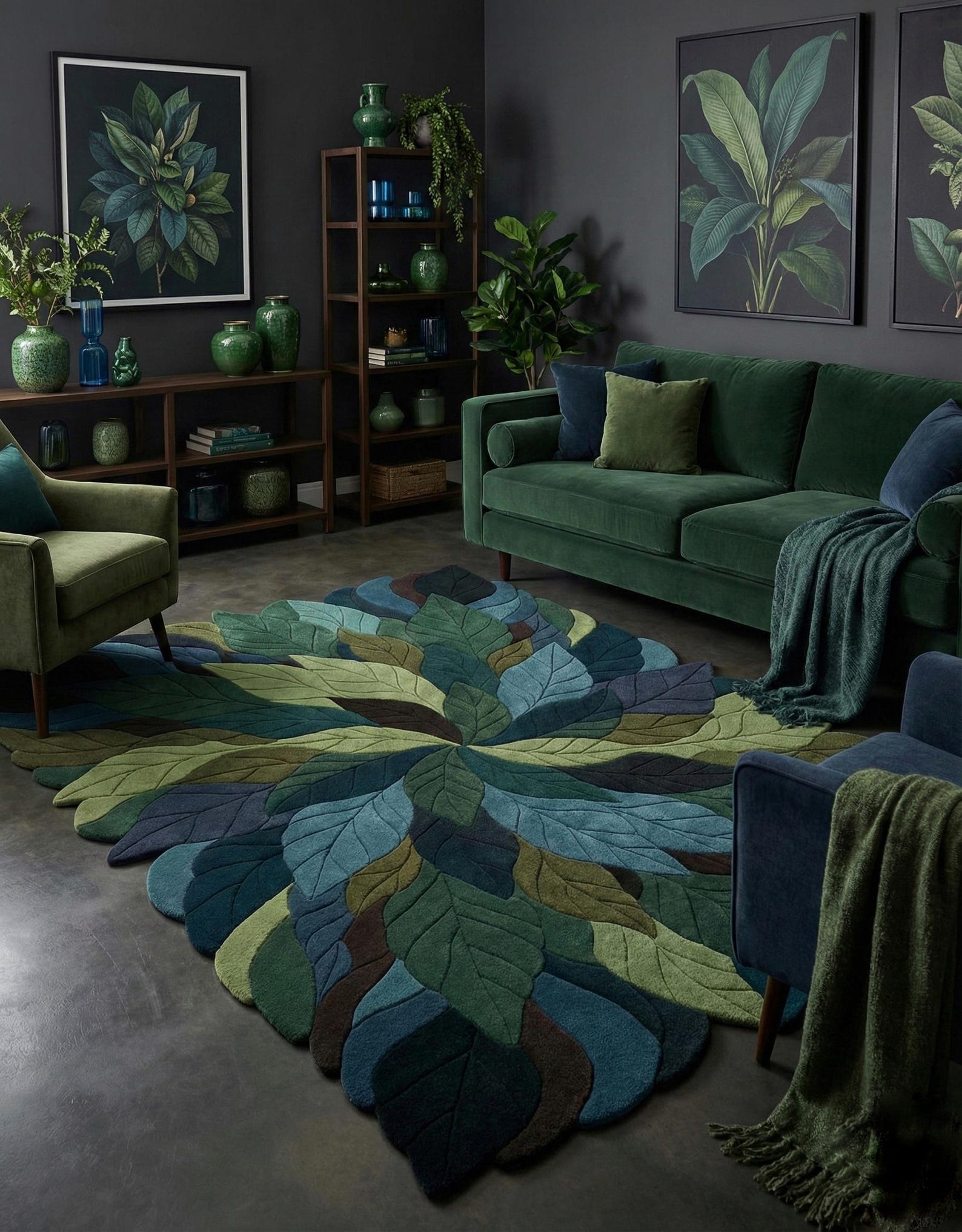 Green Leaf Shaped Rug, Botanical Area Rug, Modern Nature Inspired ...