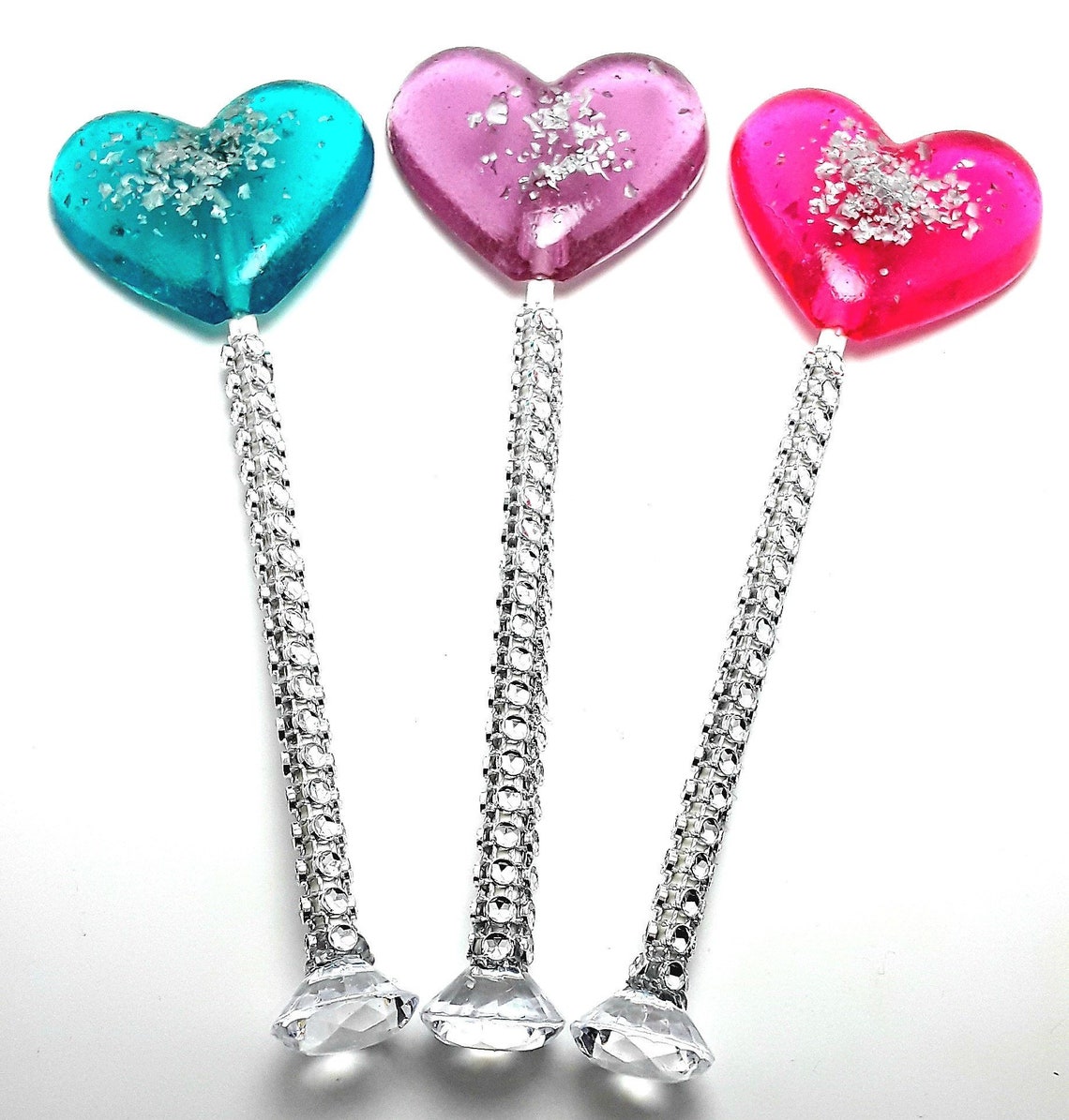 12 HEART LOLLIPOPS With Silver Glitter and Diamond Tipped Bling Sticks ...