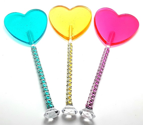 12 LARGE HEART LOLLIPOPS with Diamond Bling Sticks - Wedding Favors ...