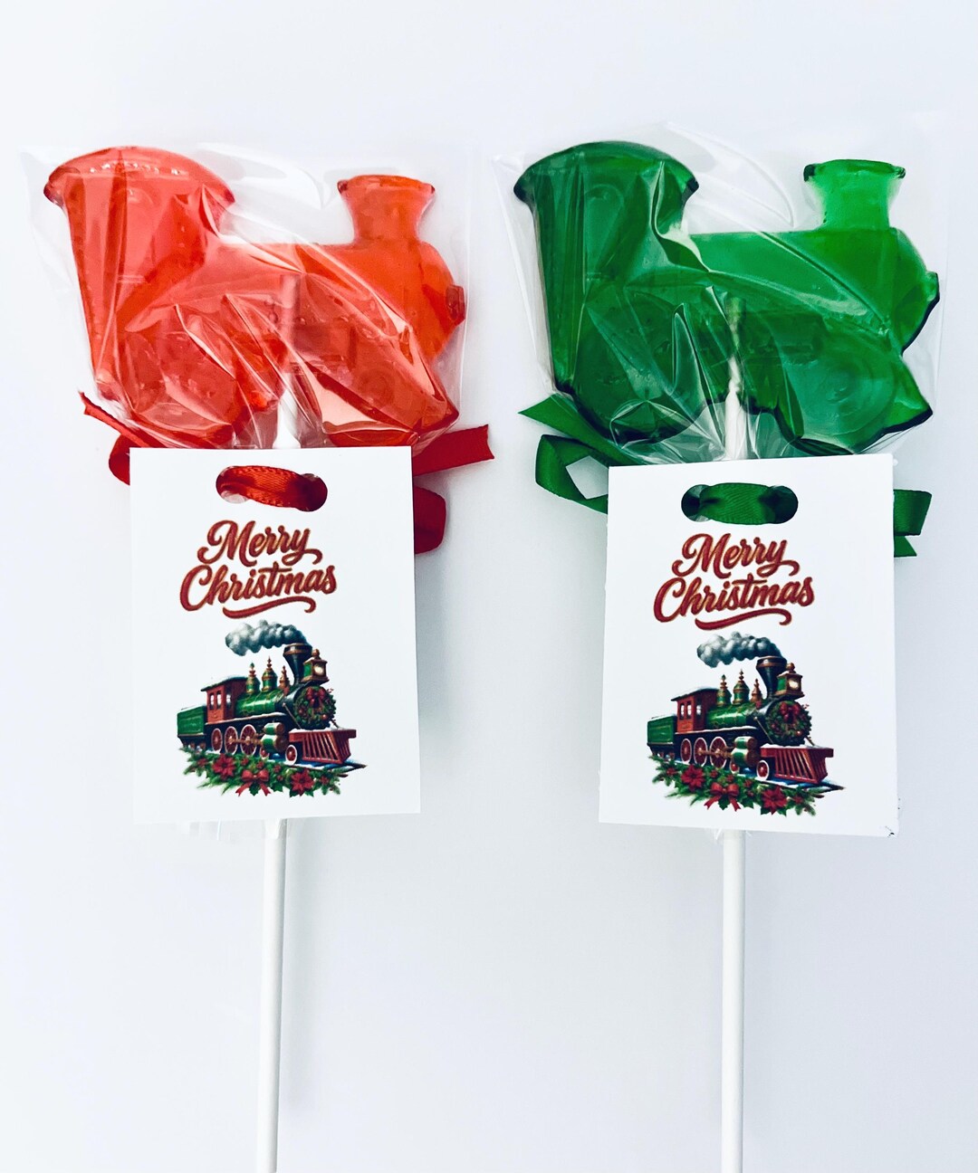 12 HOLIDAY TRAIN LOLLIPOPS With Personalized Tags & Ribbon on 6" Stick ...