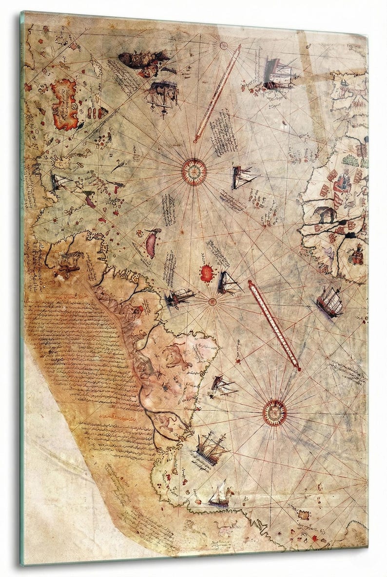 Piri Reis Map Glass Wall Art Print, 1513 Antique Nautical Chart Decor ...