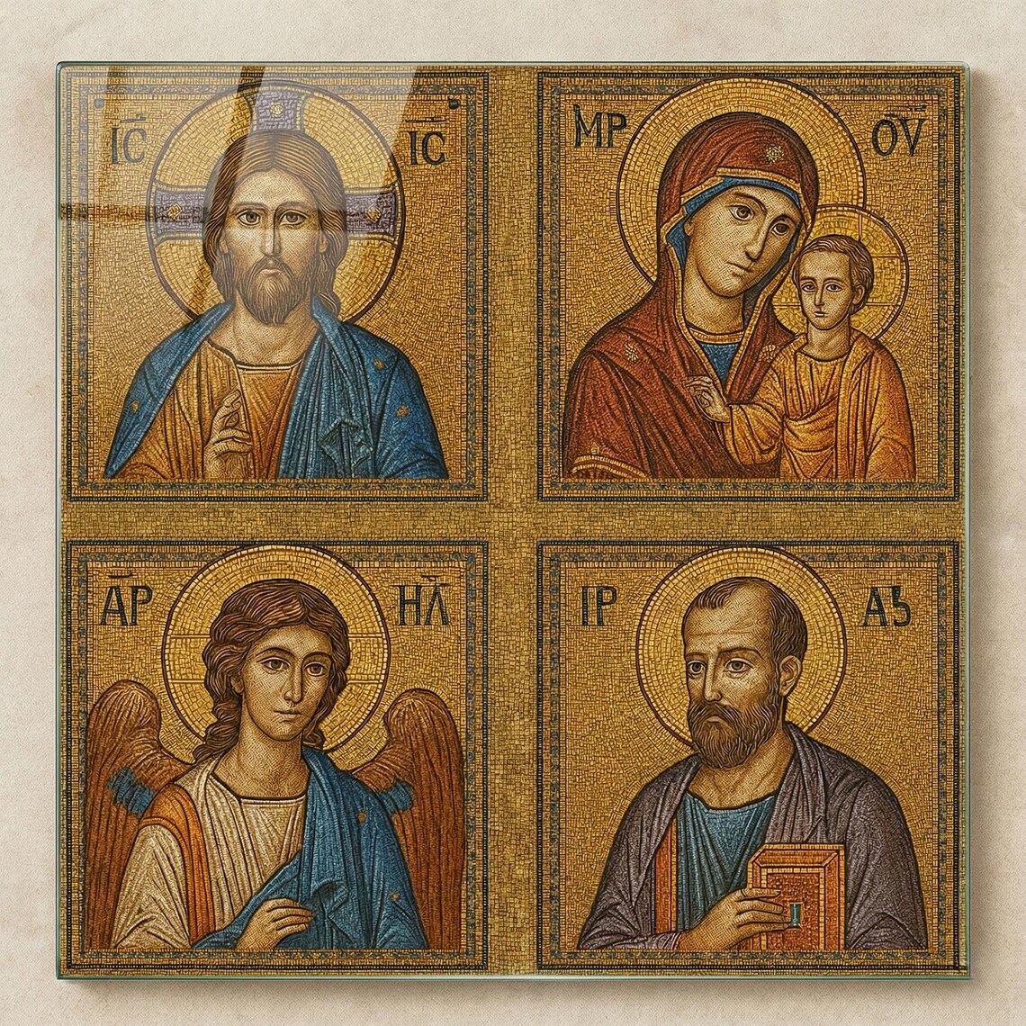 Four Panel Byzantine Icon Glass Wall Art, Christ Virgin Mary Child ...