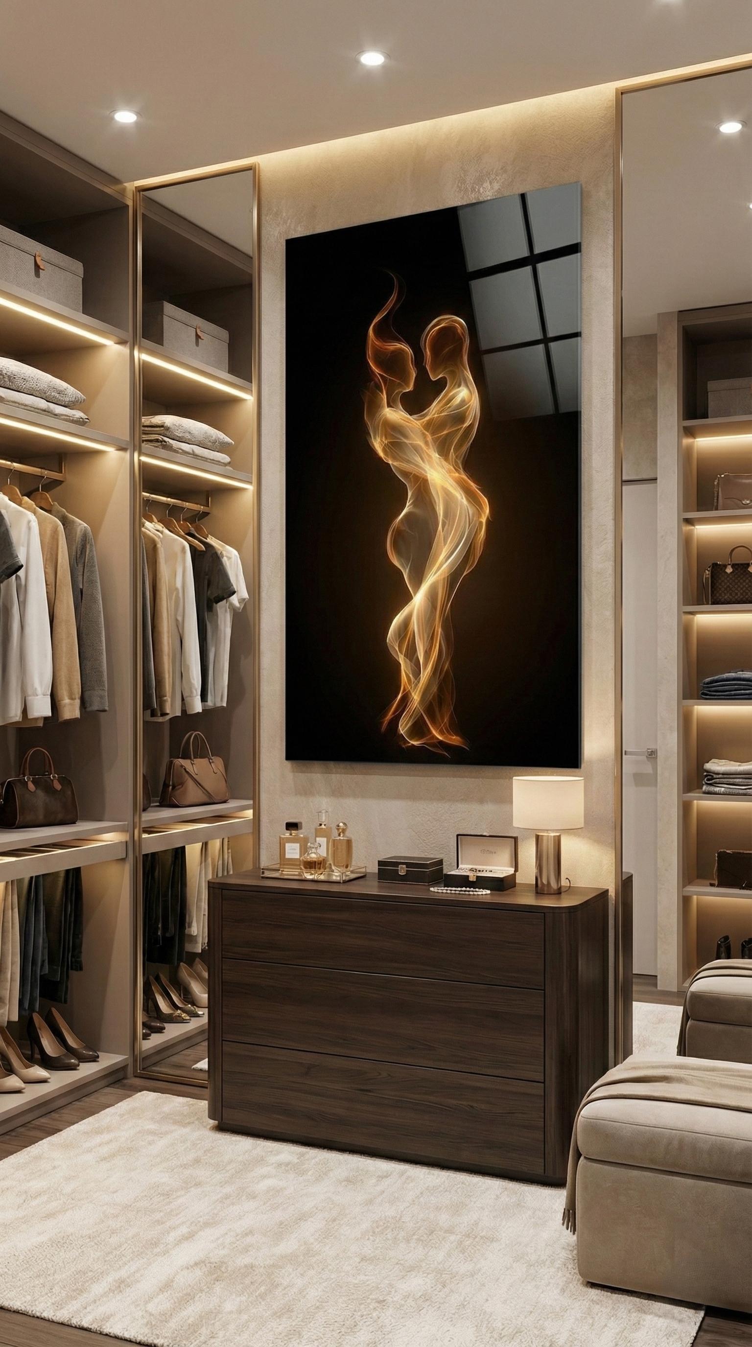 Flame Couple Glass Wall Art Print,abstract Romantic Silhouette,golden ...