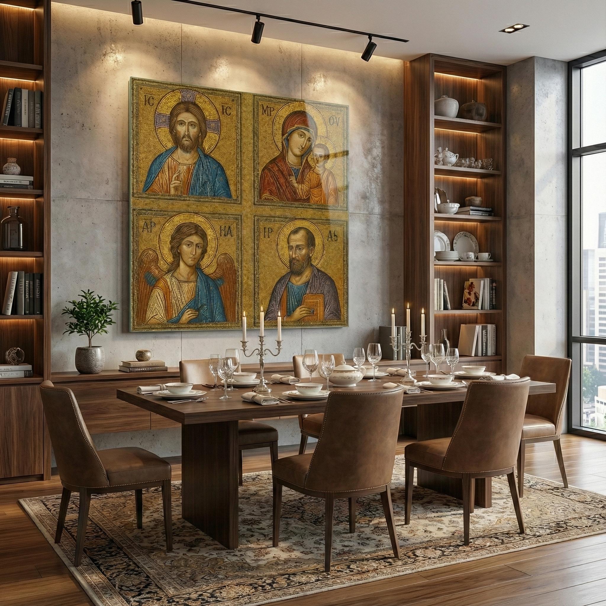 Four Panel Byzantine Icon Glass Wall Art, Christ Virgin Mary Child ...